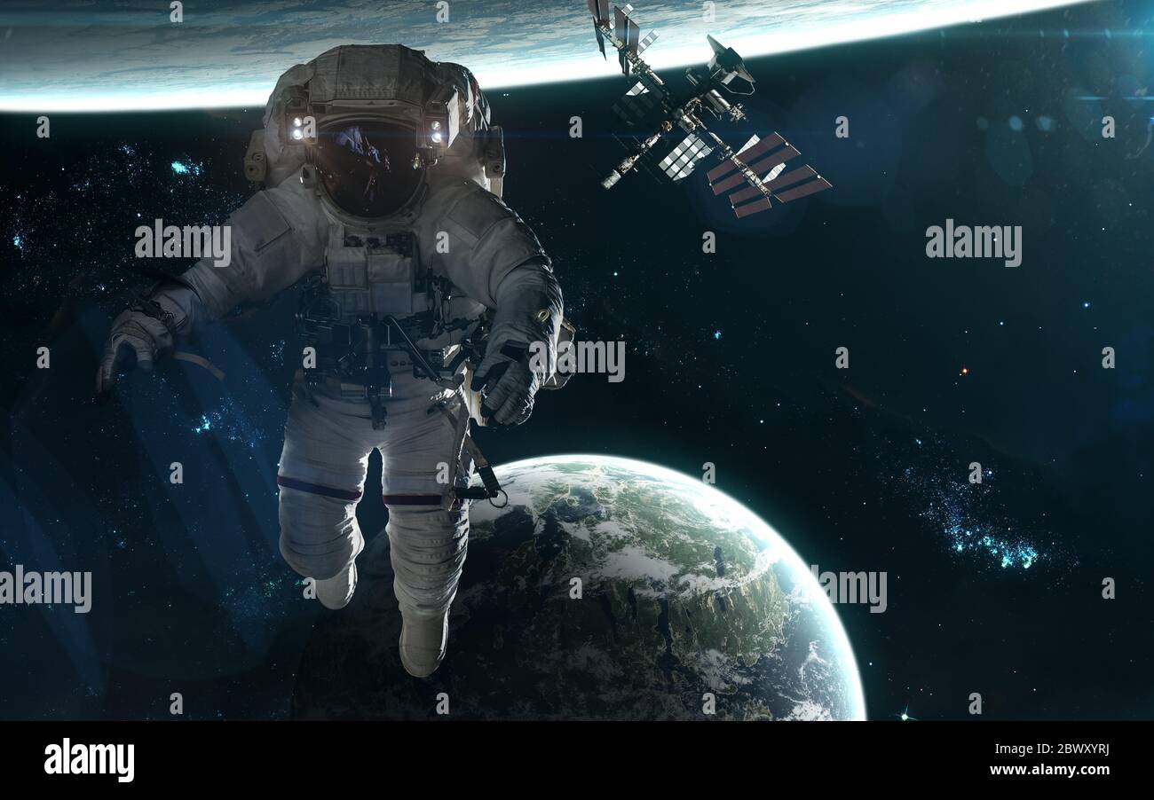 Astronaut, ISS, planets on background of deep space landscape Stock ...