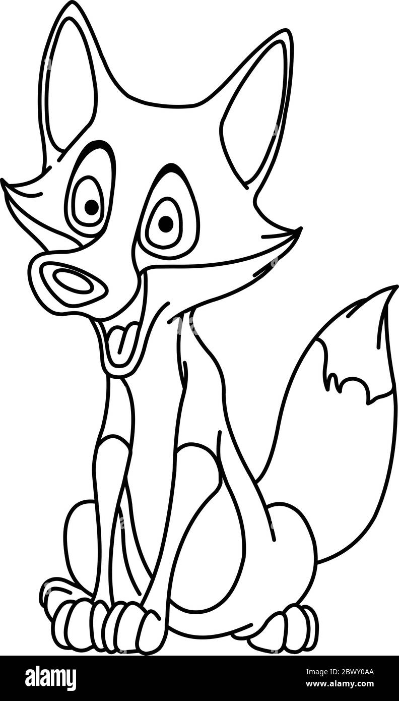 Outlined happy sitting fox. Vector line art illustration coloring page ...