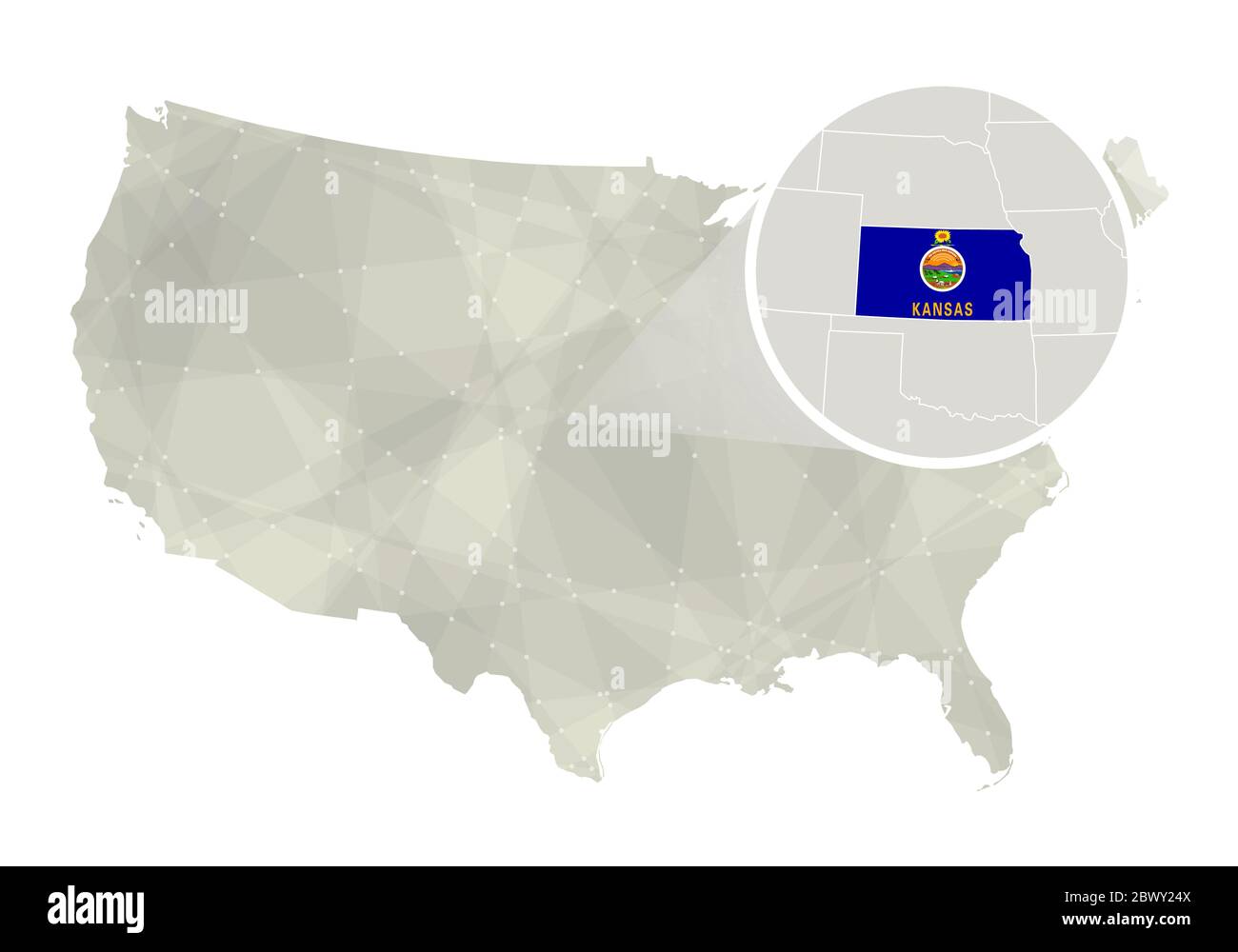 Polygonal abstract USA map with magnified Kansas state. Kansas state ...