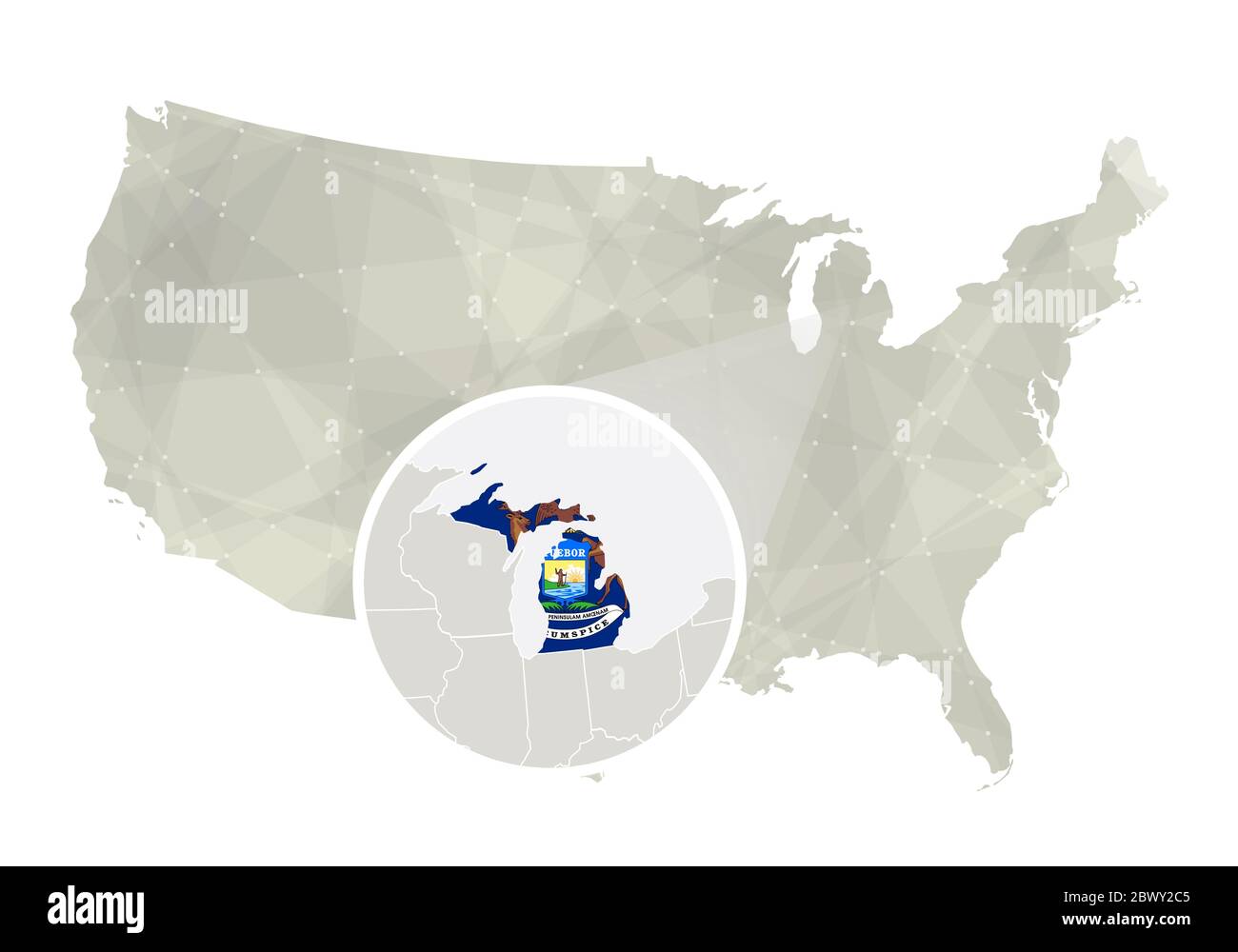 Polygonal abstract USA map with magnified Michigan state. Michigan ...