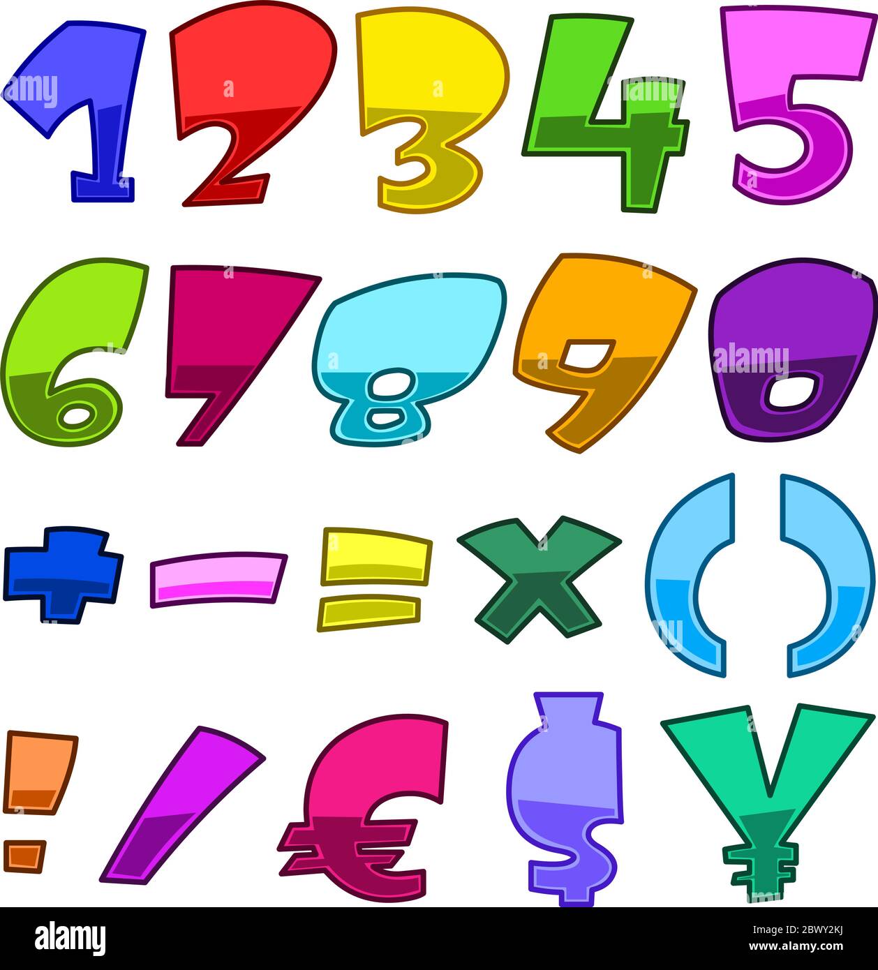 Bright cartoon numbers, math symbols and currency symbols set Stock ...