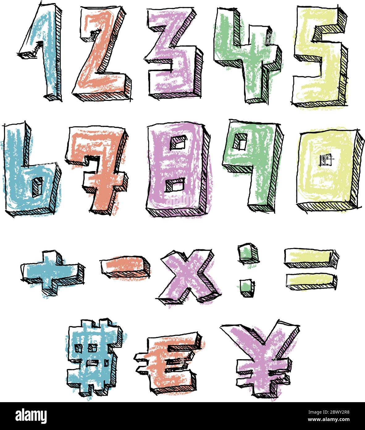 Colorful sketchy hand drawn numbers, math and currency signs Stock ...