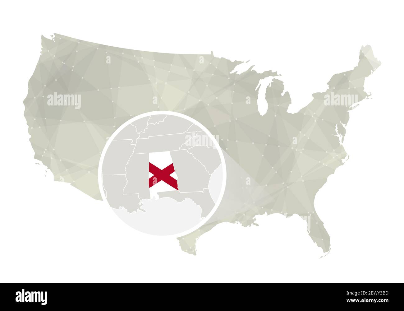 Polygonal abstract USA map with magnified Alabama state. Alabama state ...