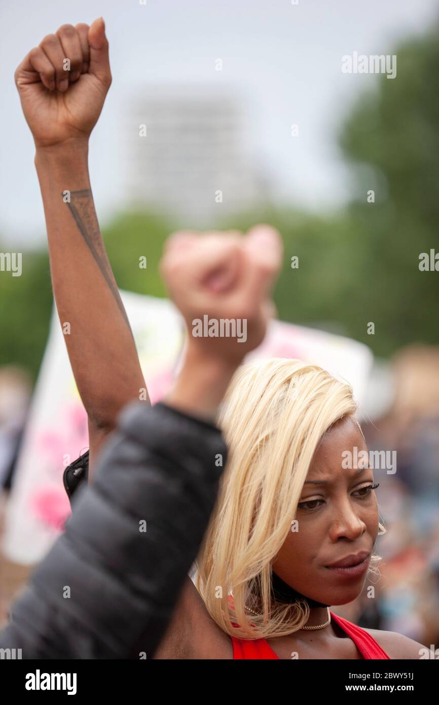 Actress, Imarn Ayton, holding her fist in the air during the Black ...