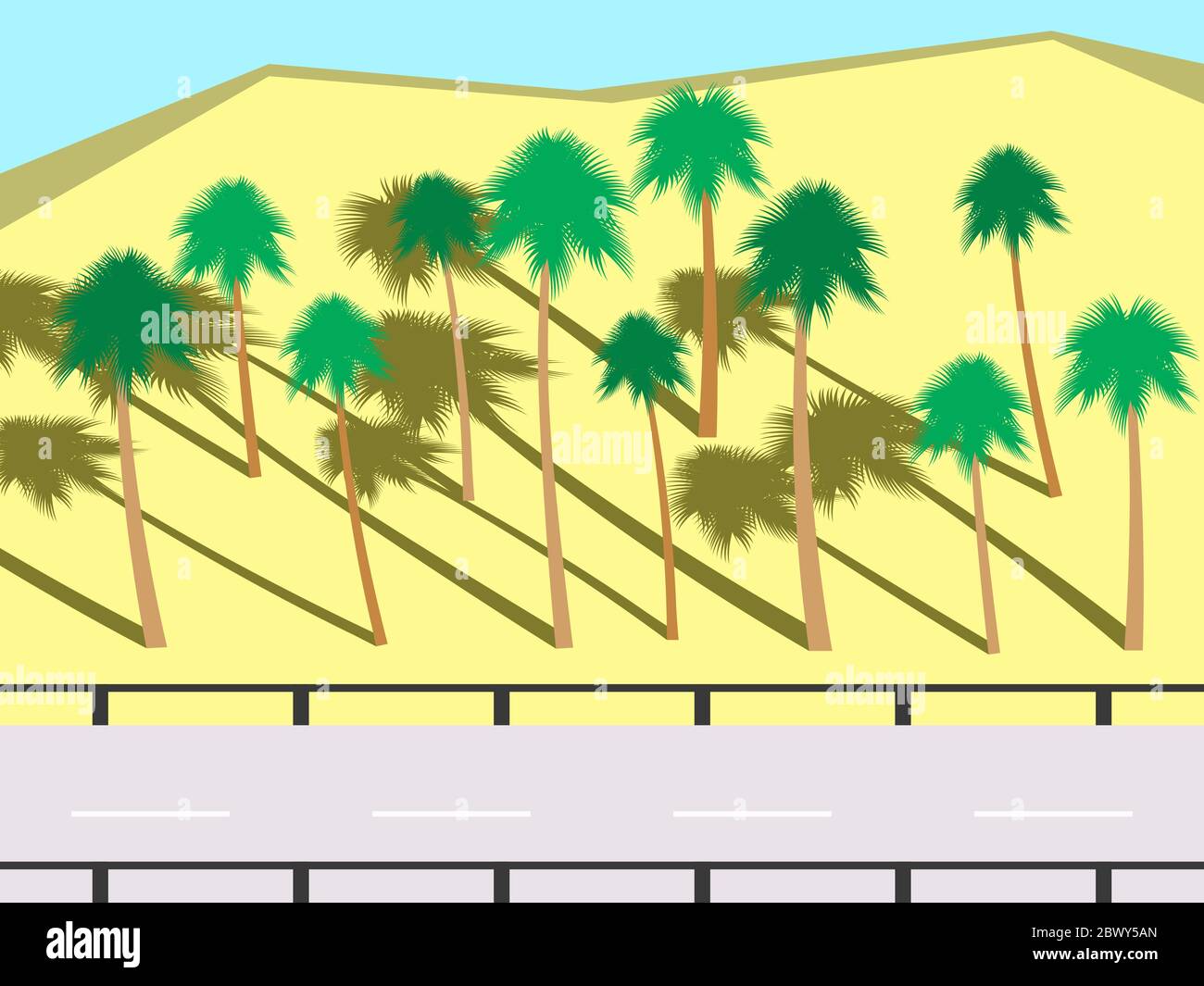 Side view of the road and palm trees. Palm trees in the sands along the ...