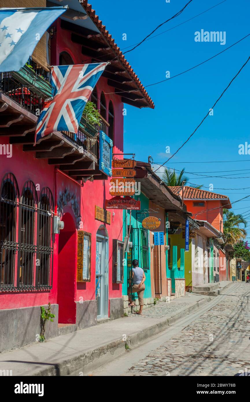 A street scene with colorful houses in the small city of Copan ...