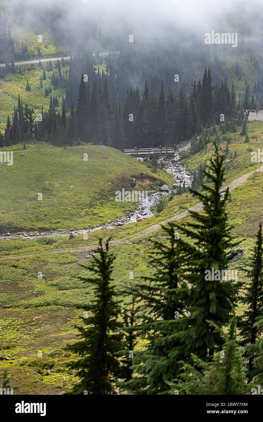 meadow with river bridge and hikers seen from high above at mount ...