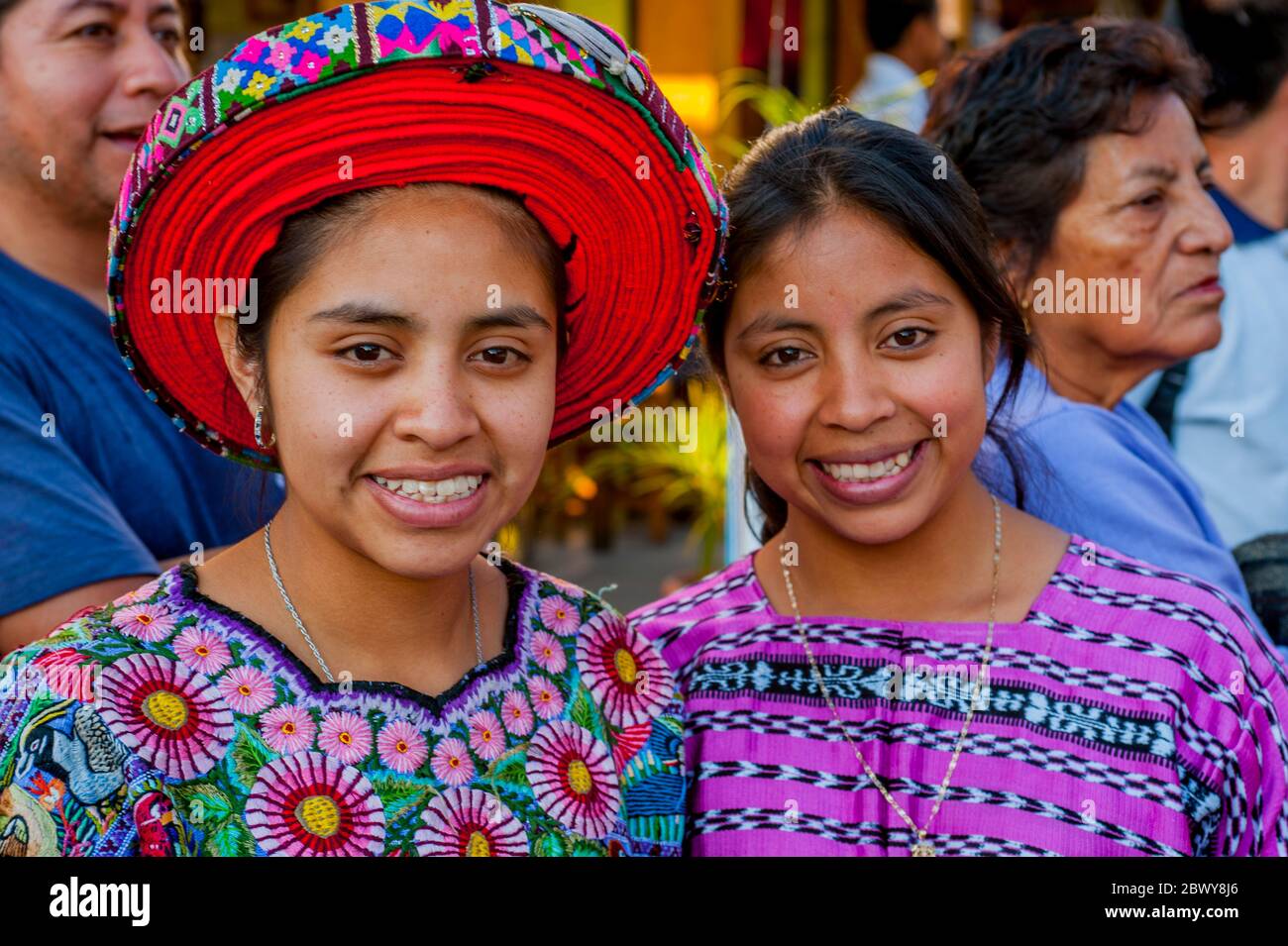 Portrait of teenage Mayan girls in traditional dress in the town of ...
