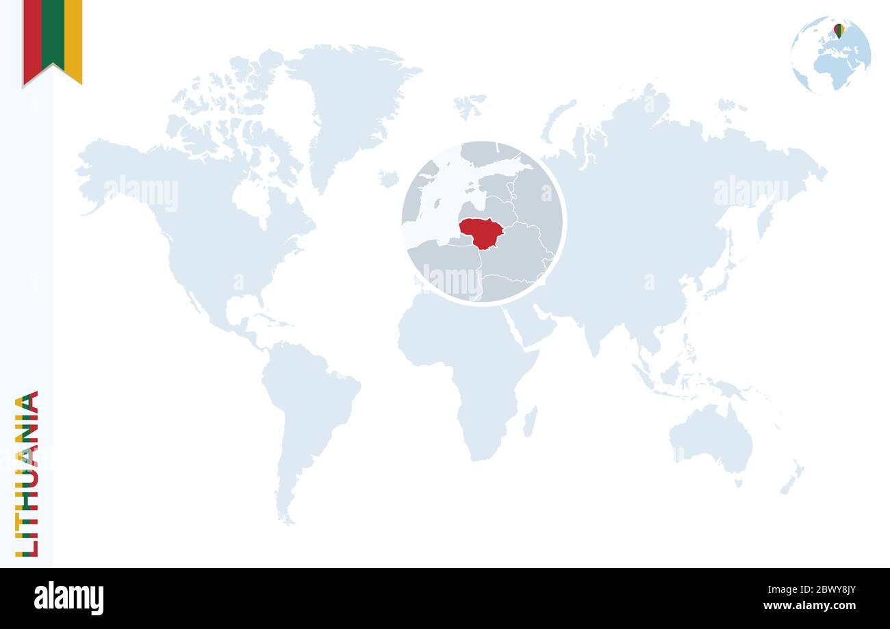 World map with magnifying on Lithuania. Blue earth globe with Lithuania ...