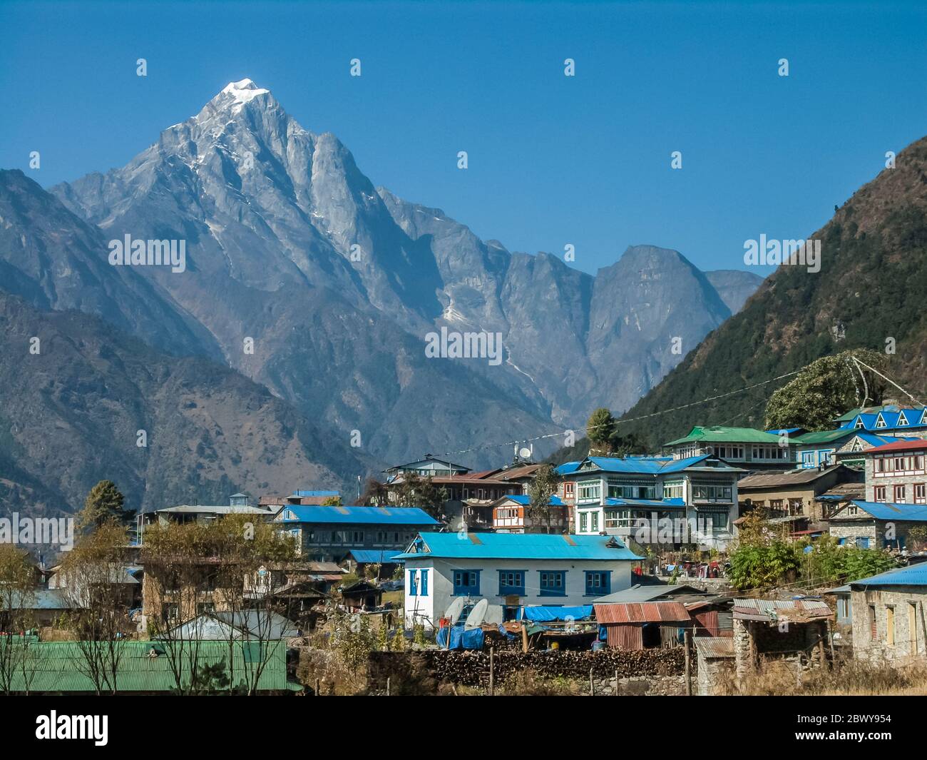 Nepal, Trek to Mera Peak. Lukla. Street scenes in Lukla town with the ...