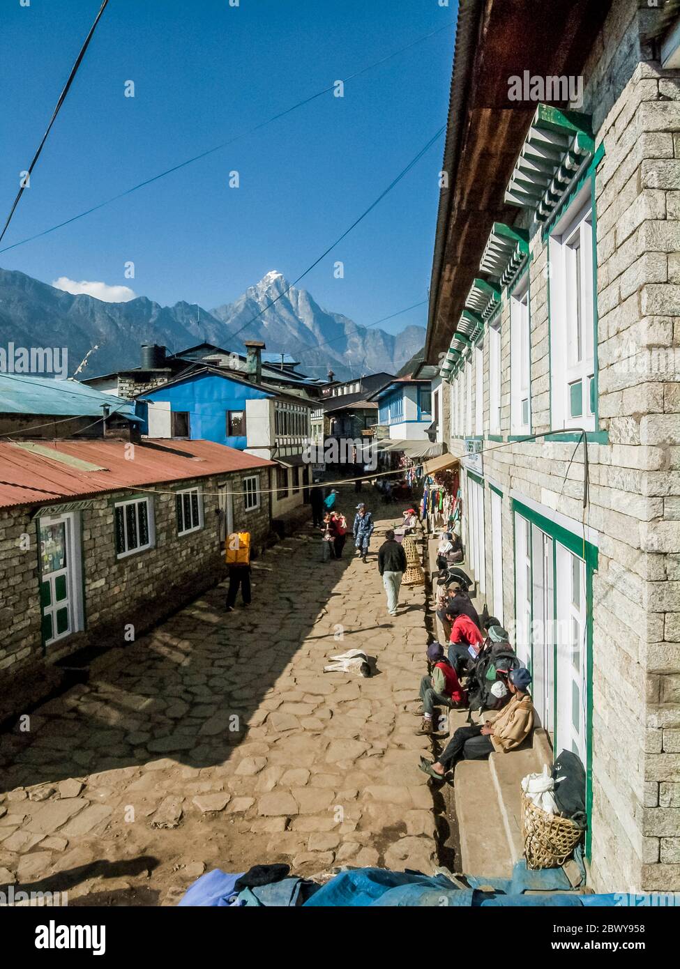 Nepal, Trek to Mera Peak. Lukla. Street scenes in Lukla town with the ...