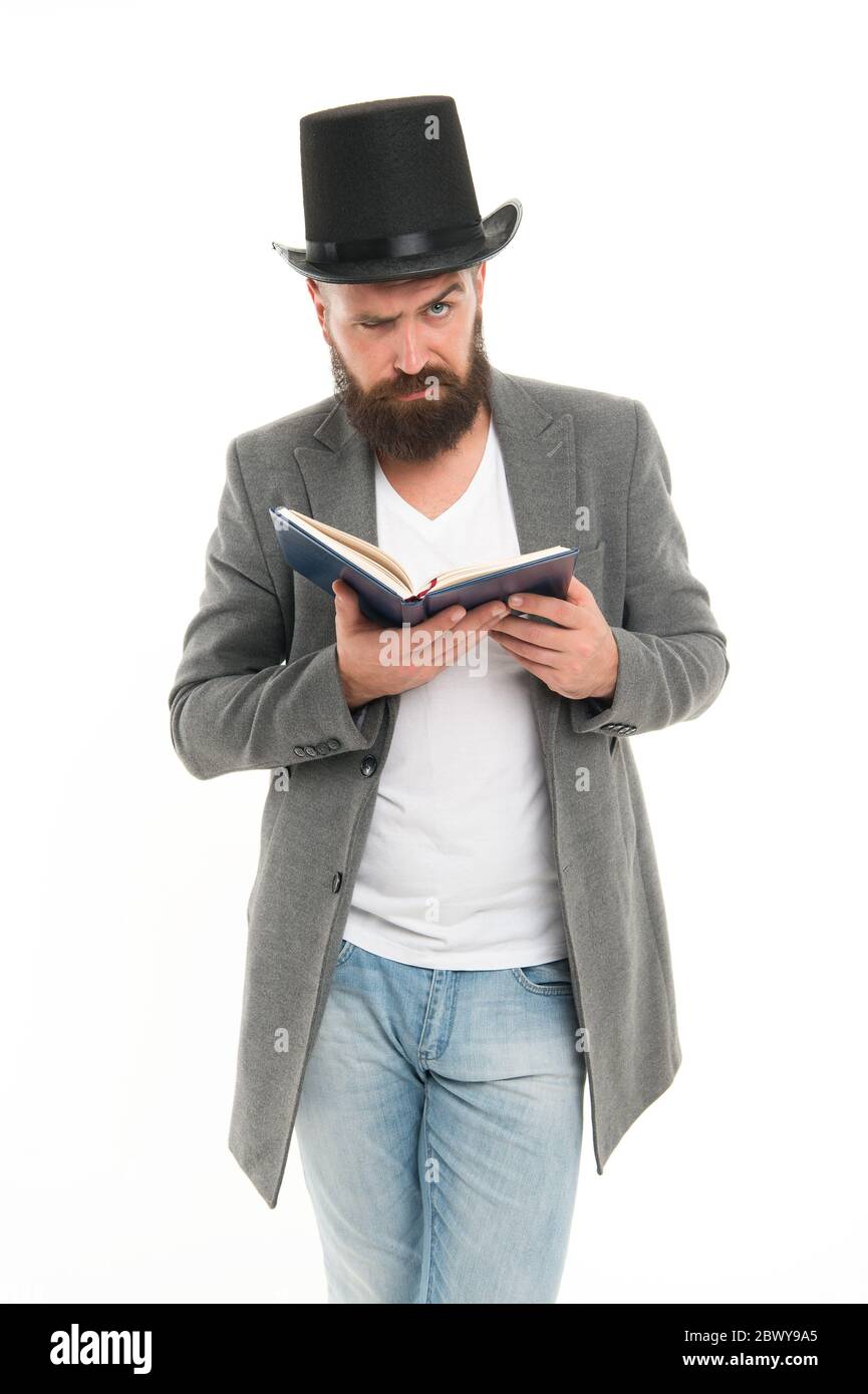 Artistic person. Talented artist. Bearded man read book isolated on ...