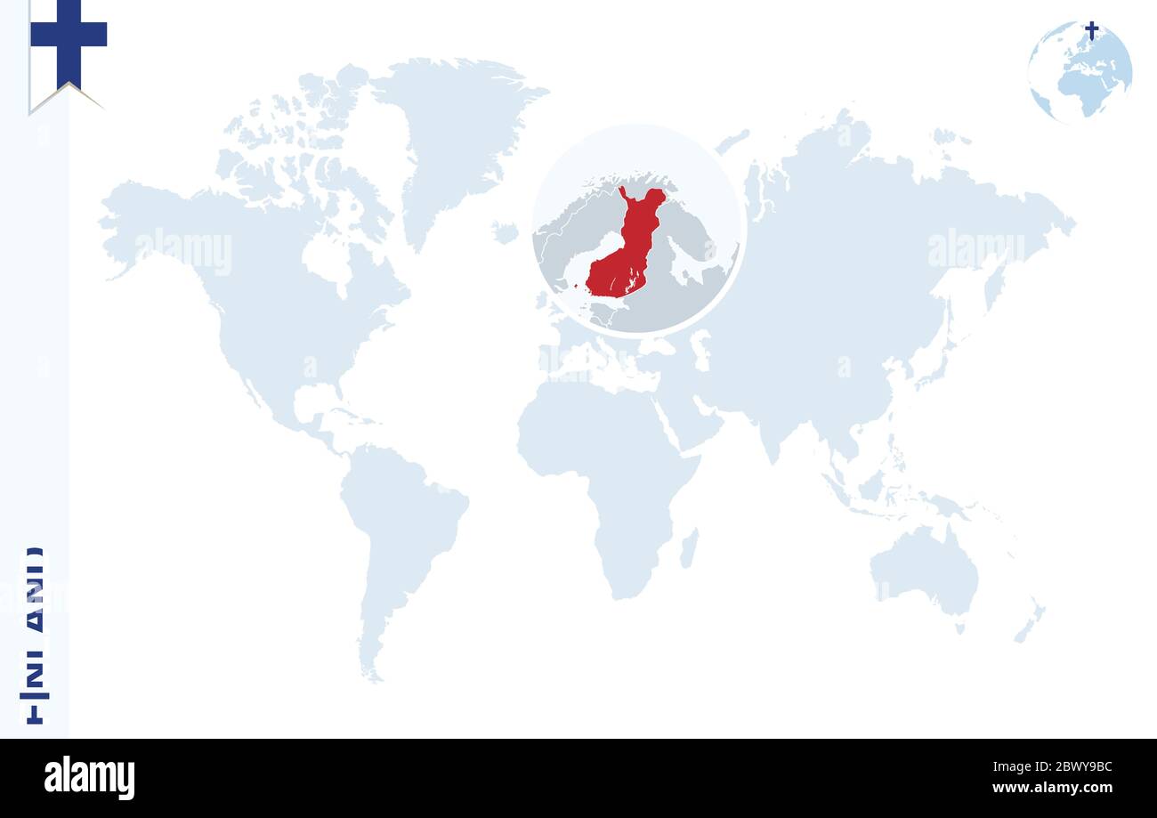 World map with magnifying on Finland. Blue earth globe with Finland ...