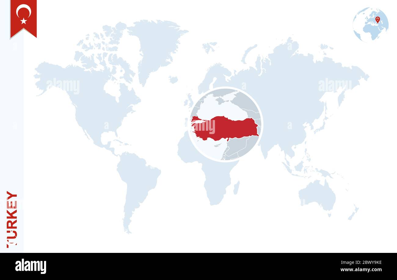 World map with magnifying on Turkey. Blue earth globe with Turkey flag ...