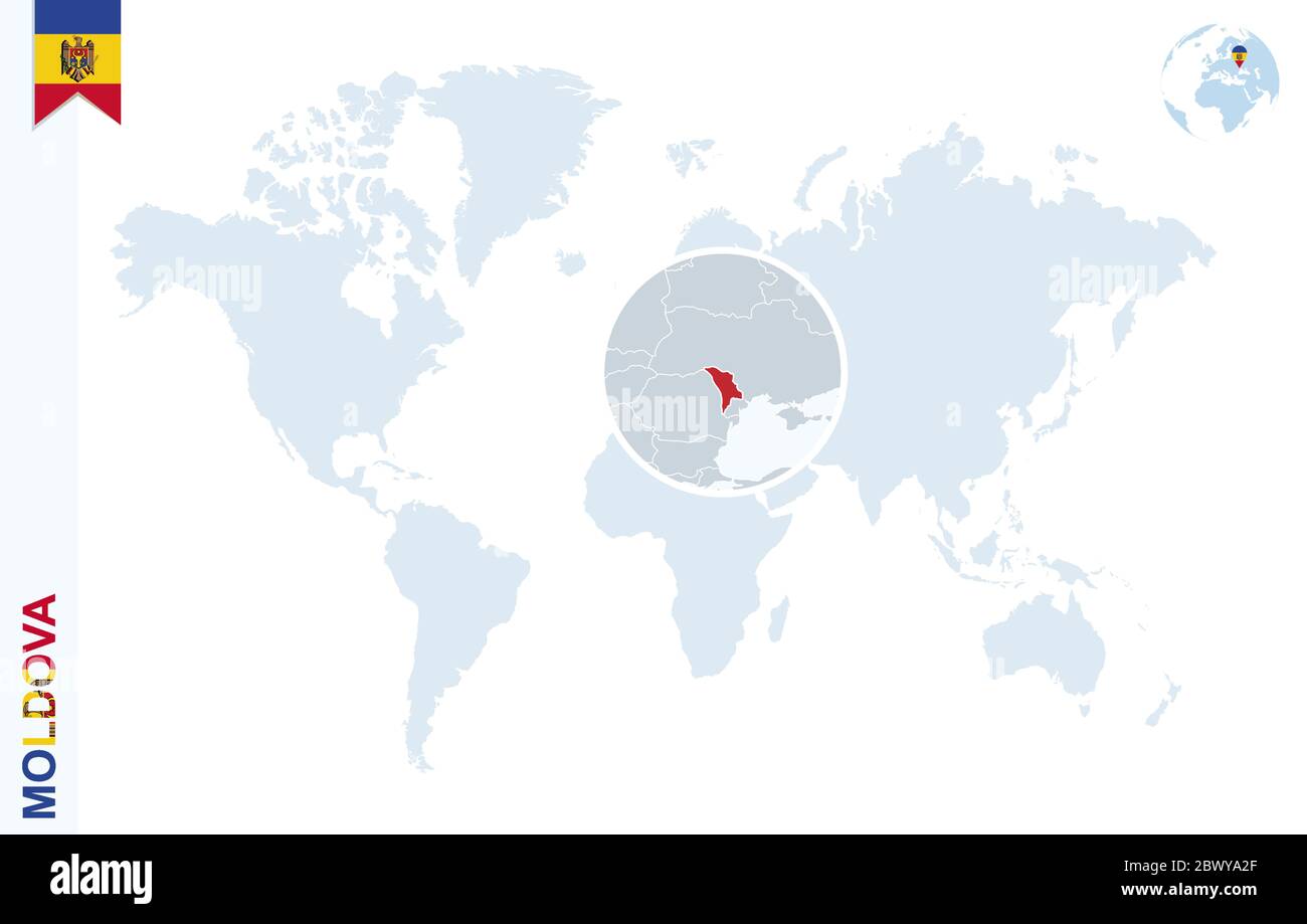 World map with magnifying on Moldova. Blue earth globe with Moldova ...
