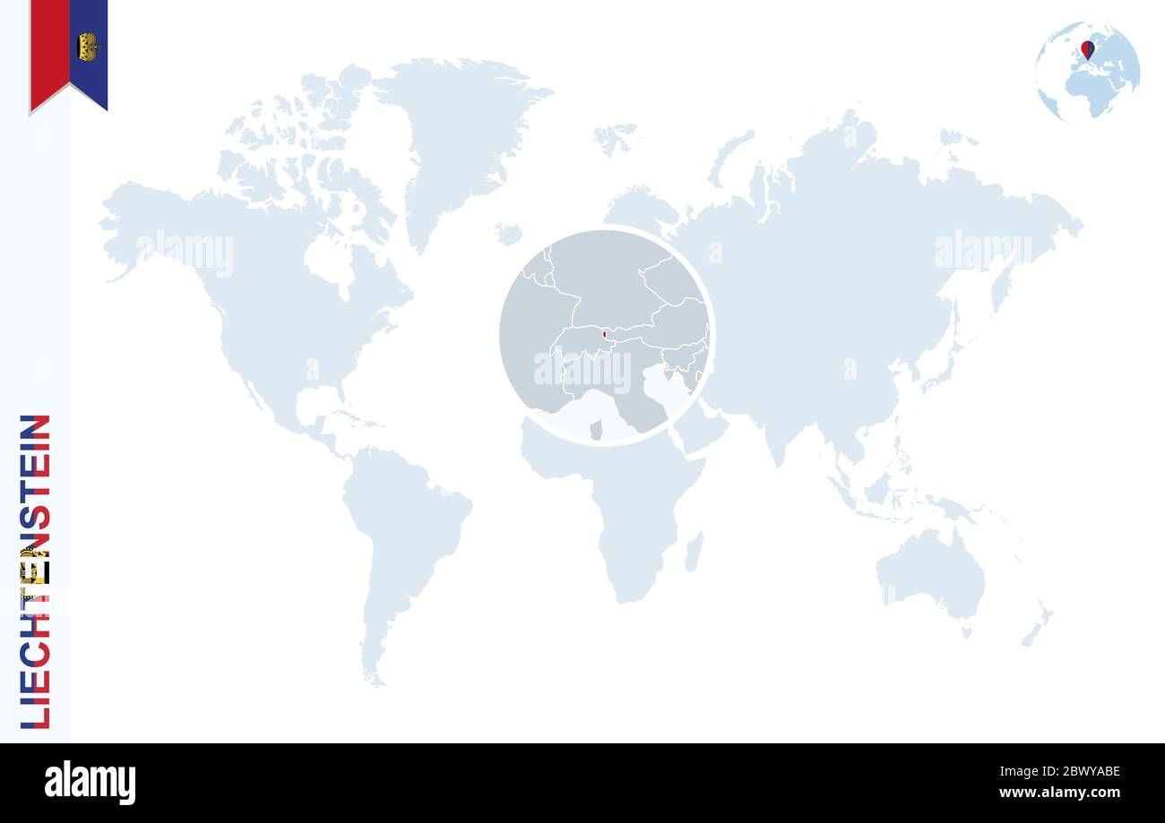 World map with magnifying on Liechtenstein. Blue earth globe with ...