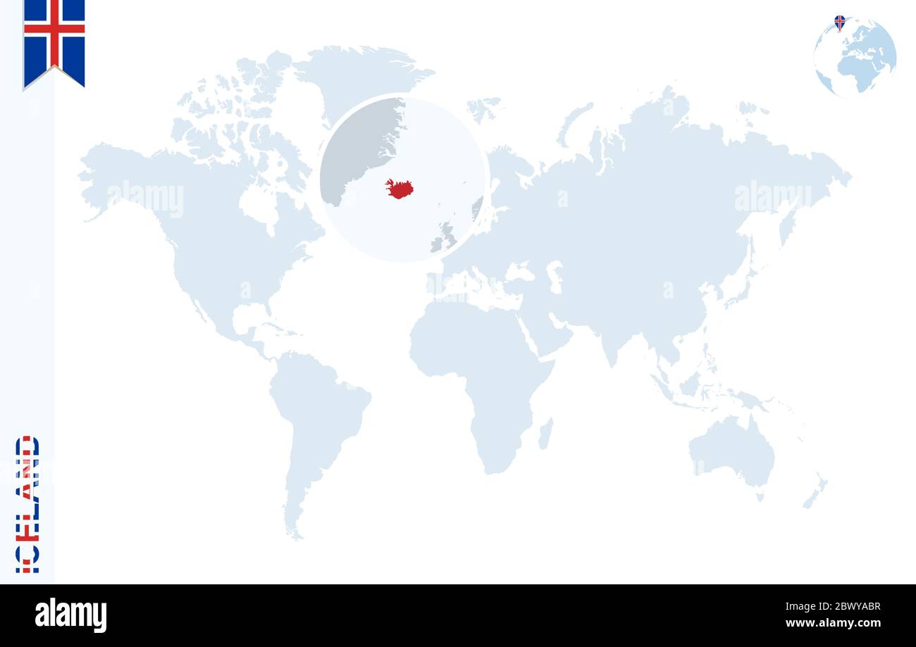World map with magnifying on Iceland. Blue earth globe with Iceland ...