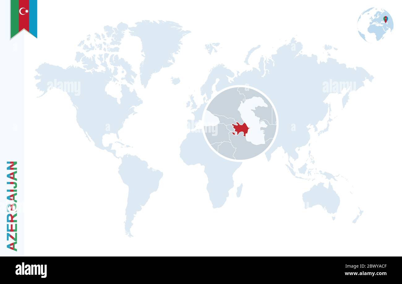 World map with magnifying on Azerbaijan. Blue earth globe with ...