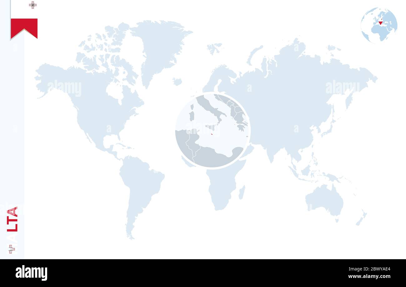World map with magnifying on Malta. Blue earth globe with Malta flag ...