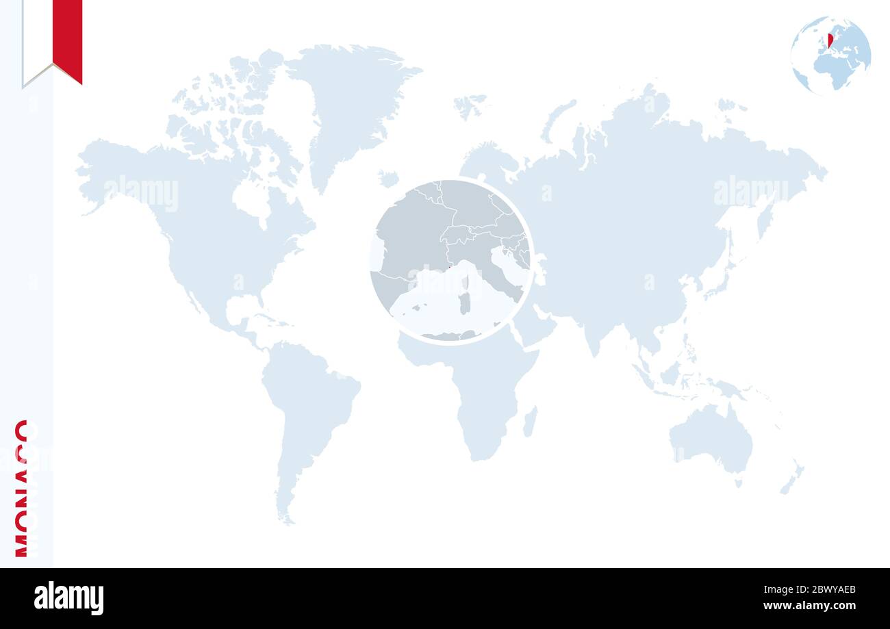 World map with magnifying on Monaco. Blue earth globe with Monaco flag pin. Zoom on Monaco map ...