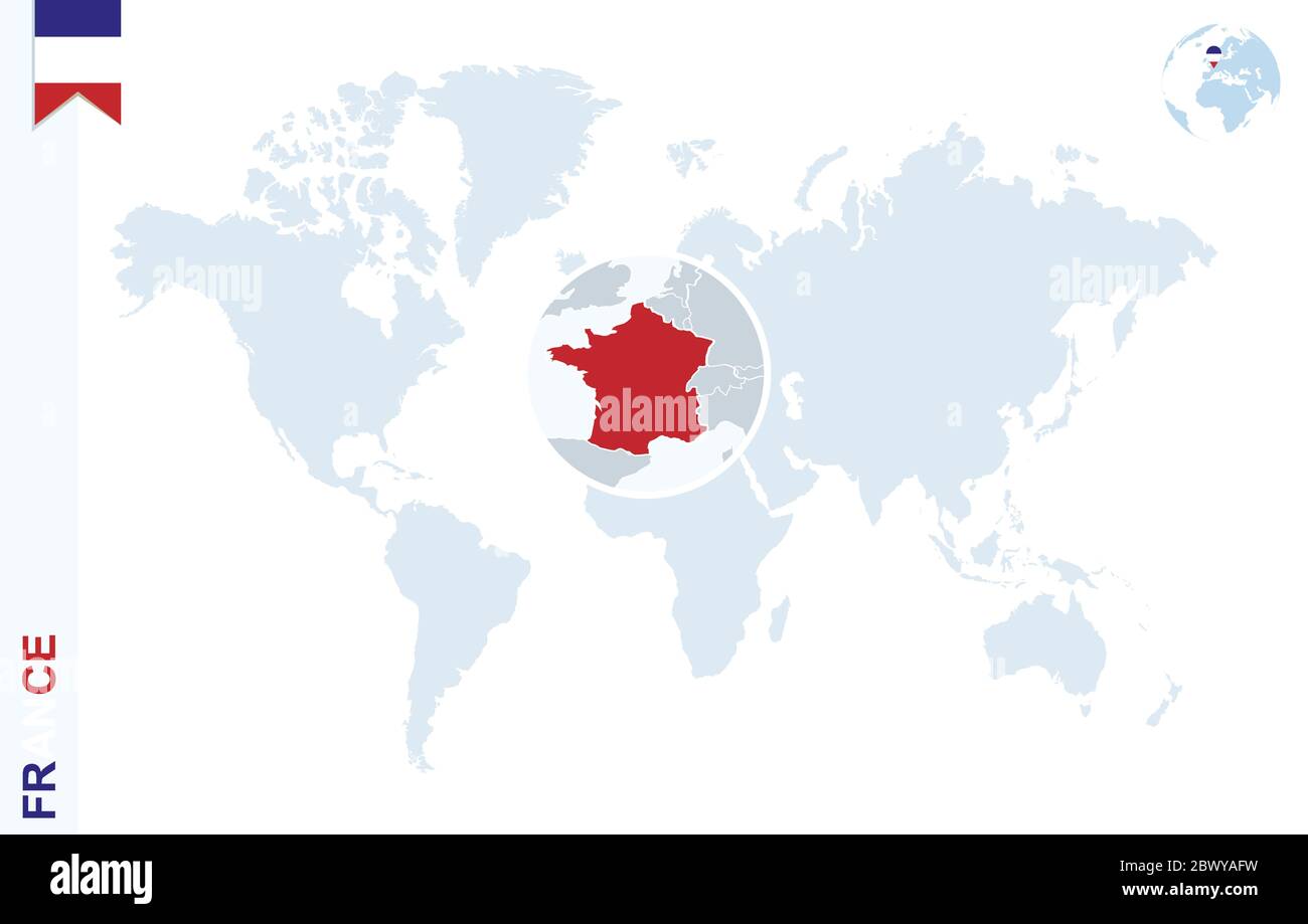 World map with magnifying on France. Blue earth globe with France flag ...