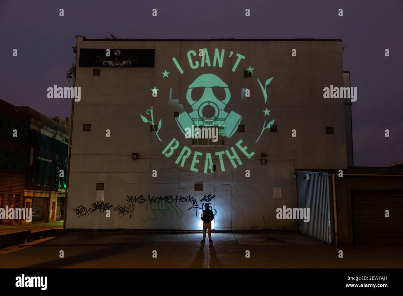 Birmingham, UK. 3rd May, 2020. A graffiti style projection by street ...