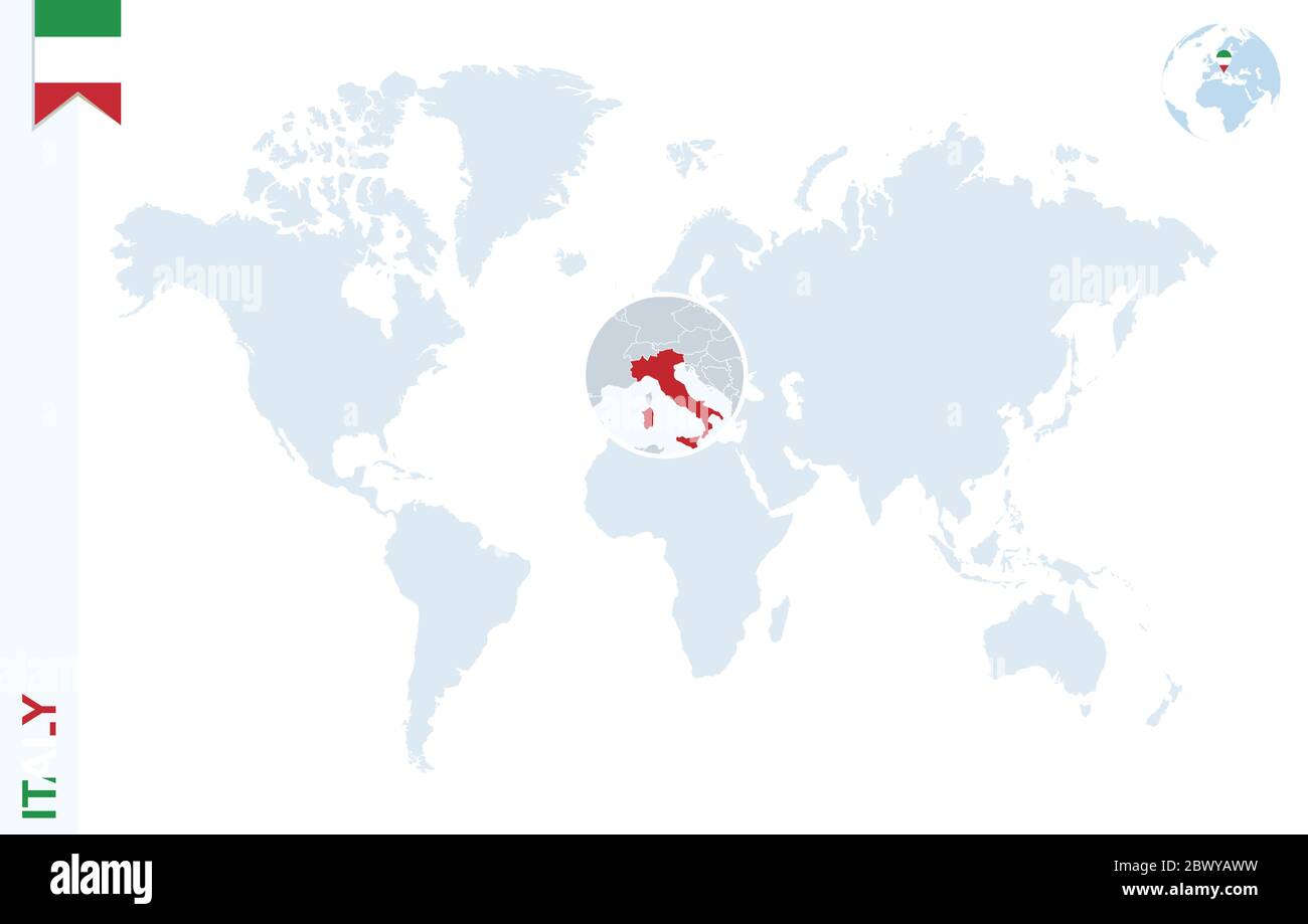 World map with magnifying on Italy. Blue earth globe with Italy flag ...