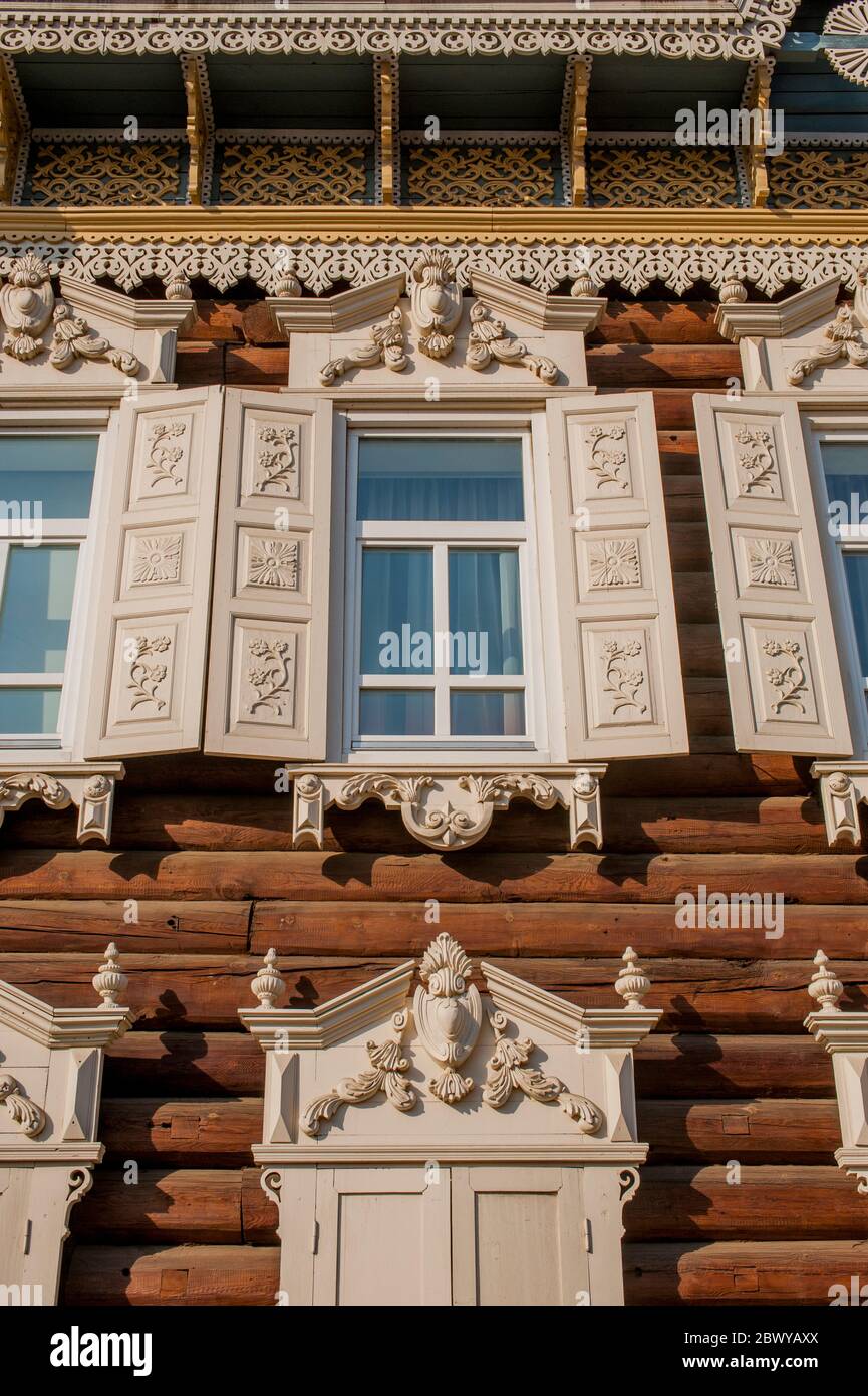Detail of a traditional old wooden house, decorated with wooden, hand ...