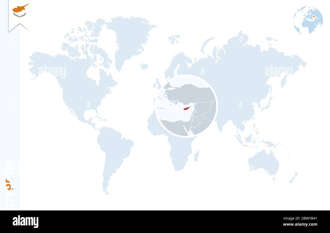 World map with magnifying on Cyprus. Blue earth globe with Cyprus flag ...