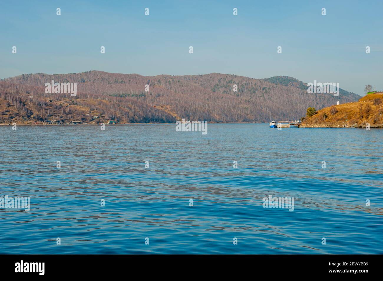 View of Lake Baikal where the Angara River drains the lake near Irkutsk ...