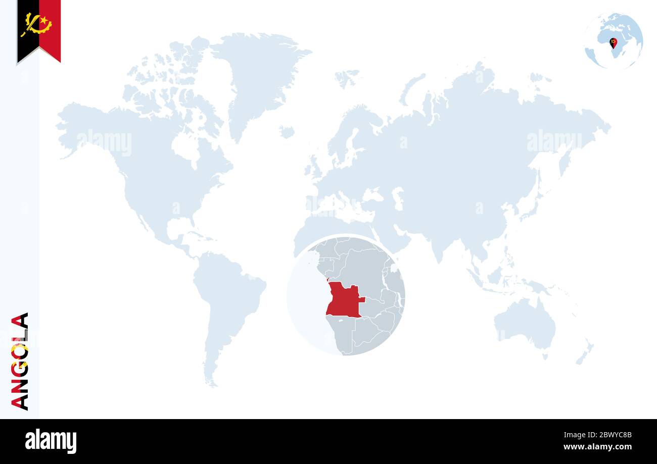 World map with magnifying on Angola. Blue earth globe with Angola flag ...