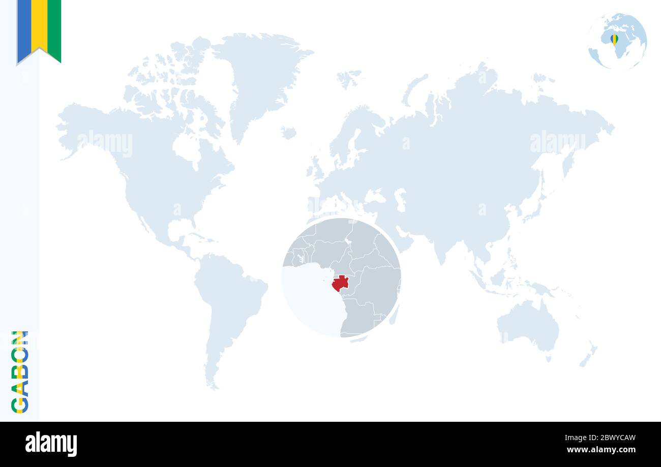 World map with magnifying on Gabon. Blue earth globe with Gabon flag ...