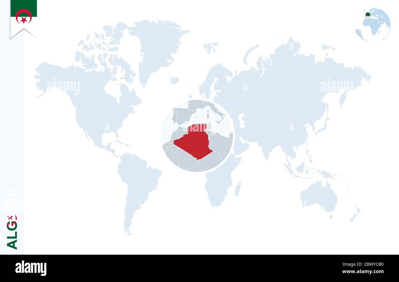 World map with magnifying on Algeria. Blue earth globe with Algeria ...