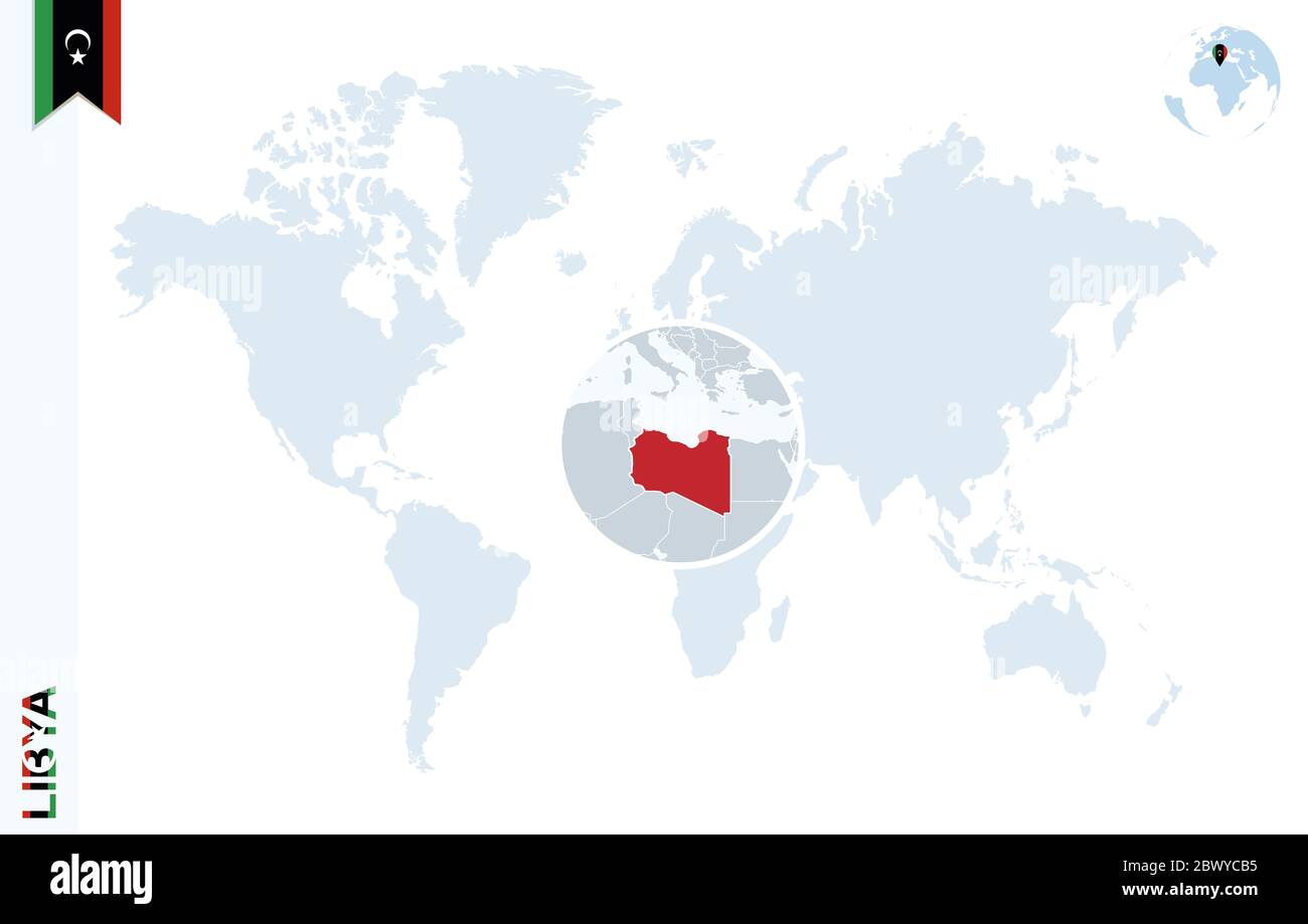 World map with magnifying on Libya. Blue earth globe with Libya flag ...