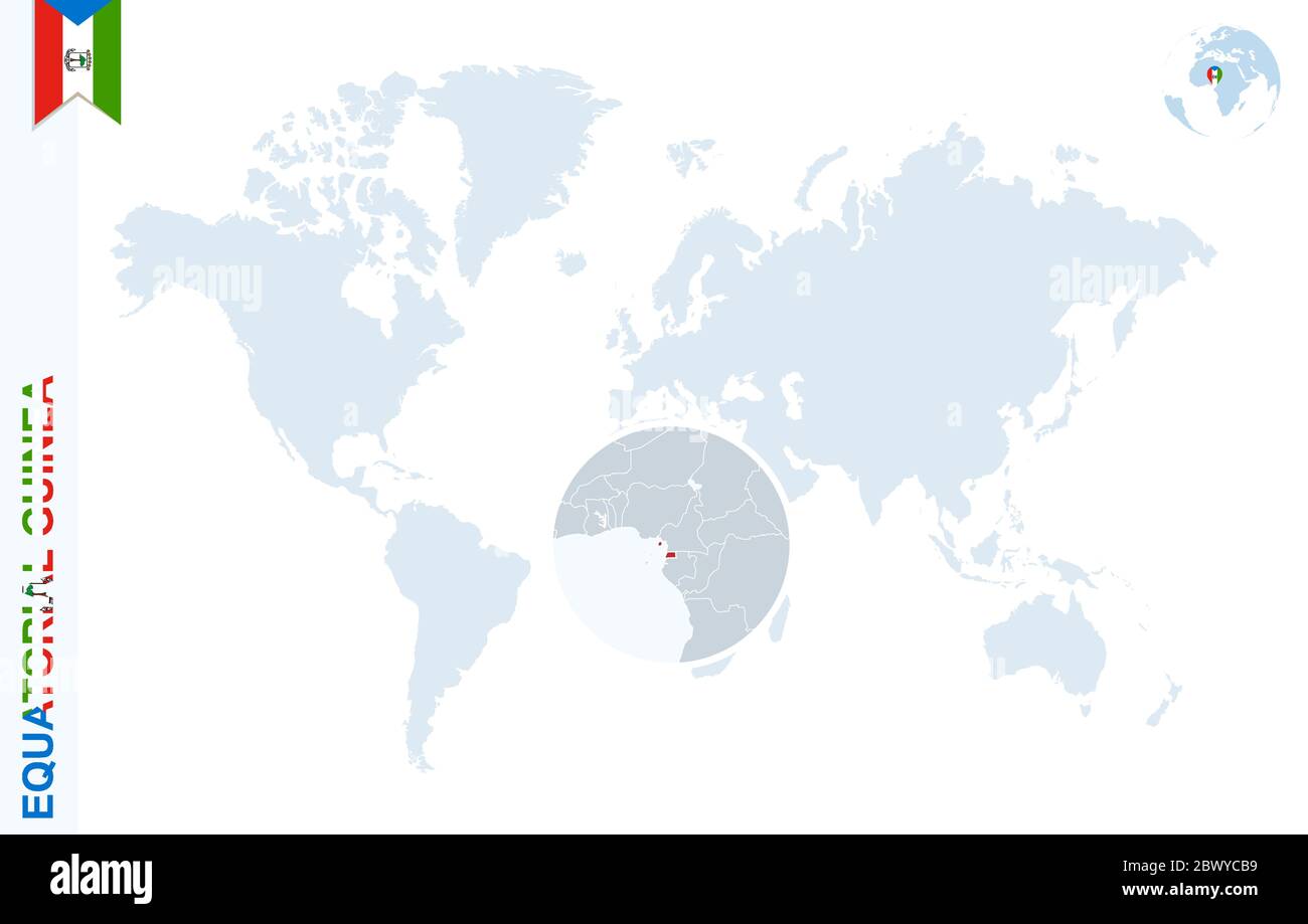 World map with magnifying on Equatorial Guinea. Blue earth globe with ...
