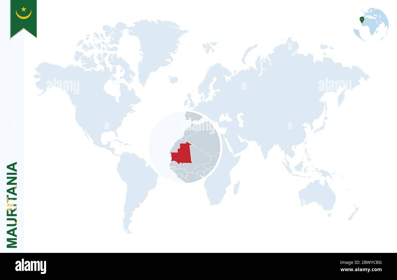 World Map With Magnifying On Mauritania Blue Earth Globe With