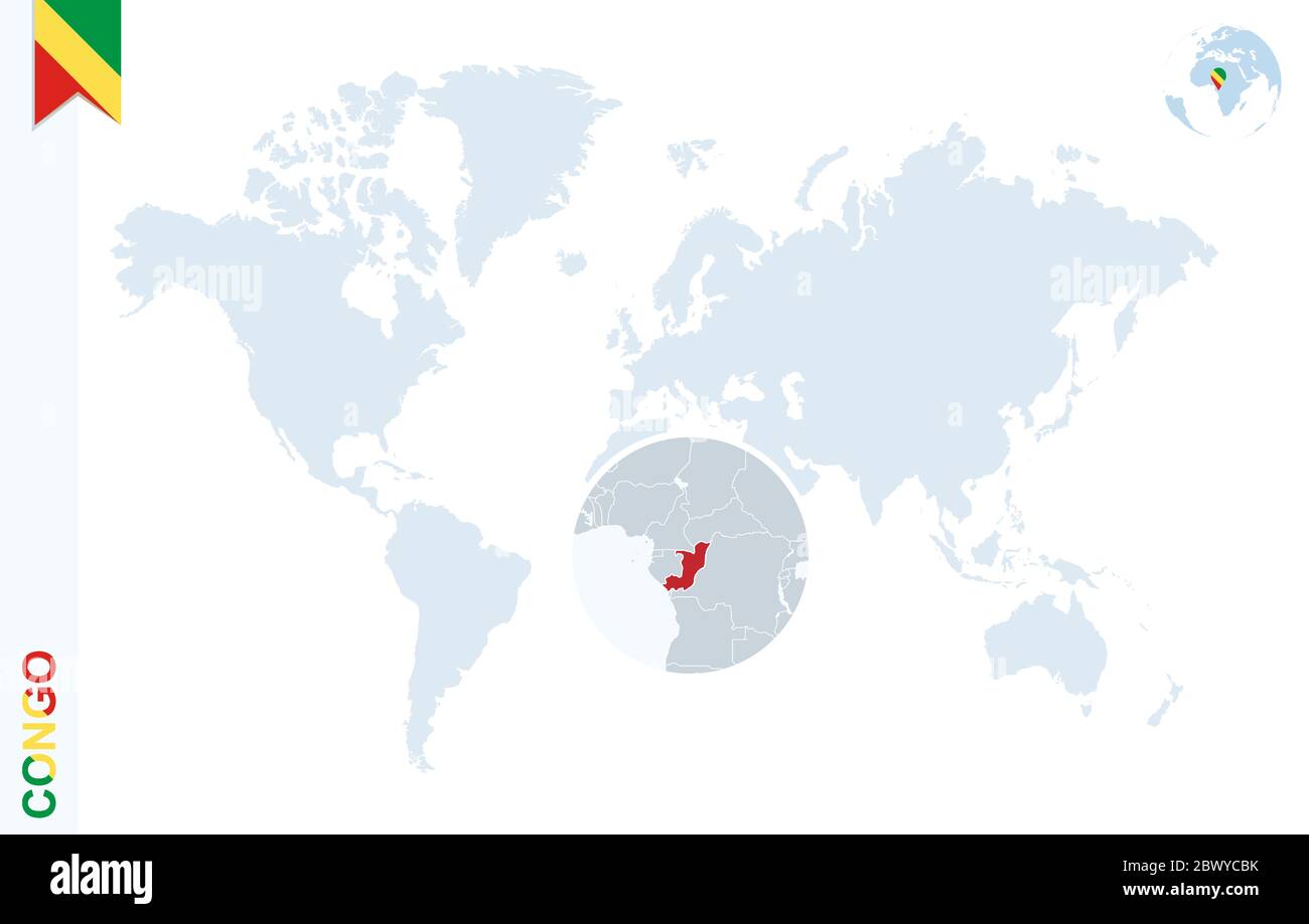 World map with magnifying on Congo. Blue earth globe with Congo flag ...