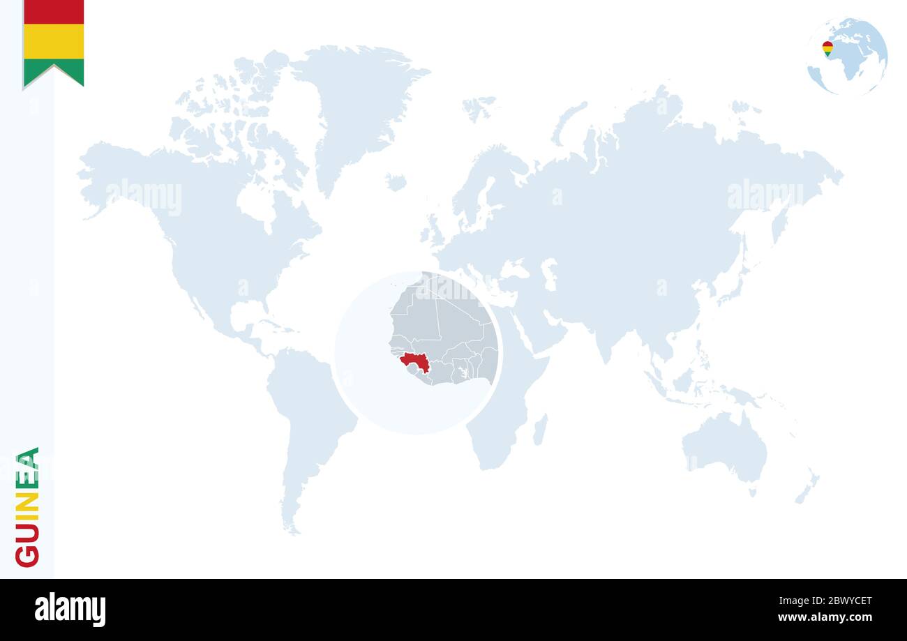World map with magnifying on Guinea. Blue earth globe with Guinea flag ...
