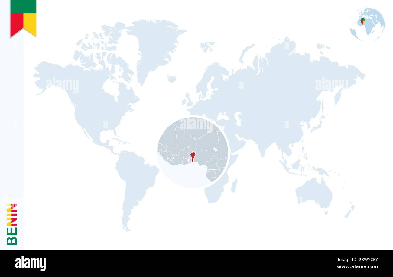 World map with magnifying on Benin. Blue earth globe with Benin flag ...