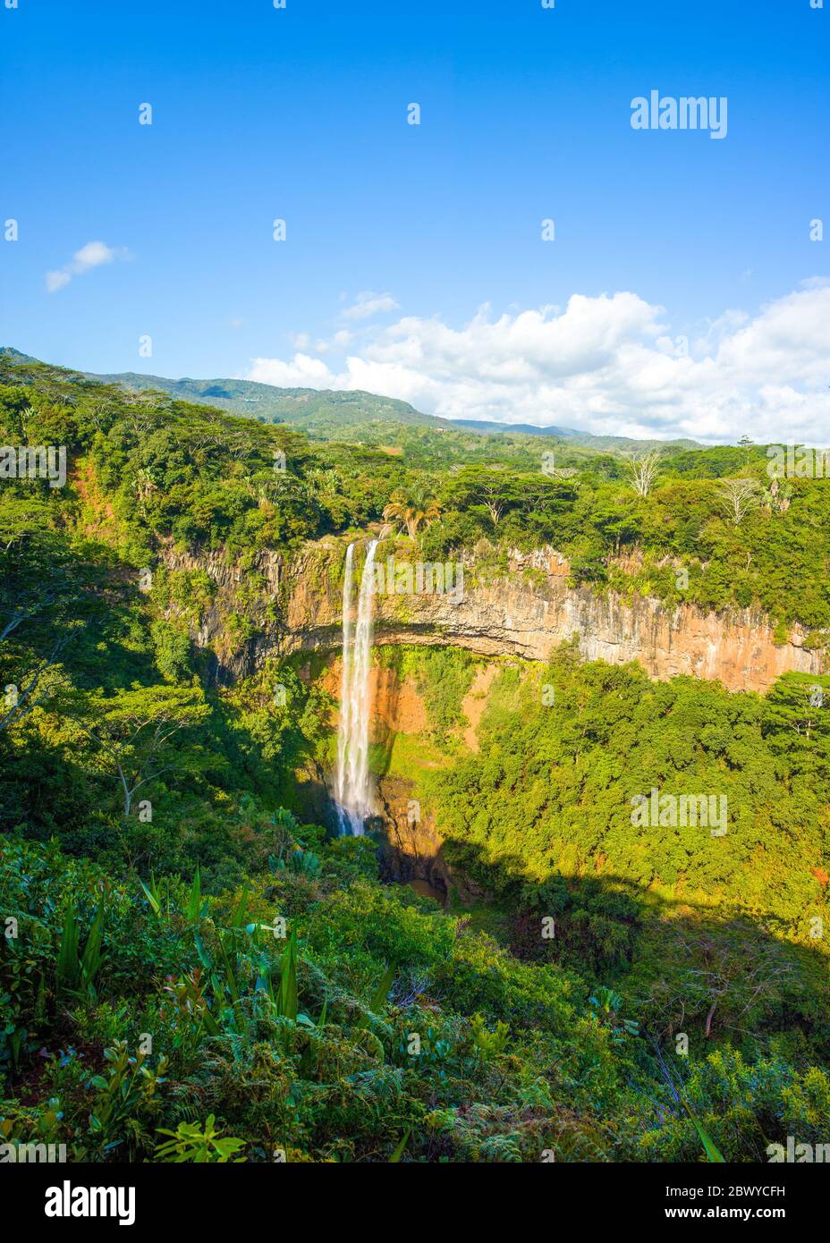 Beautiful landscape of Chamarel Waterfall in the tropical jungle of ...