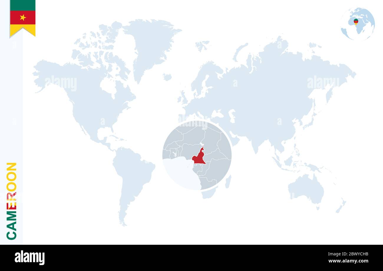 World map with magnifying on Cameroon. Blue earth globe with Cameroon ...