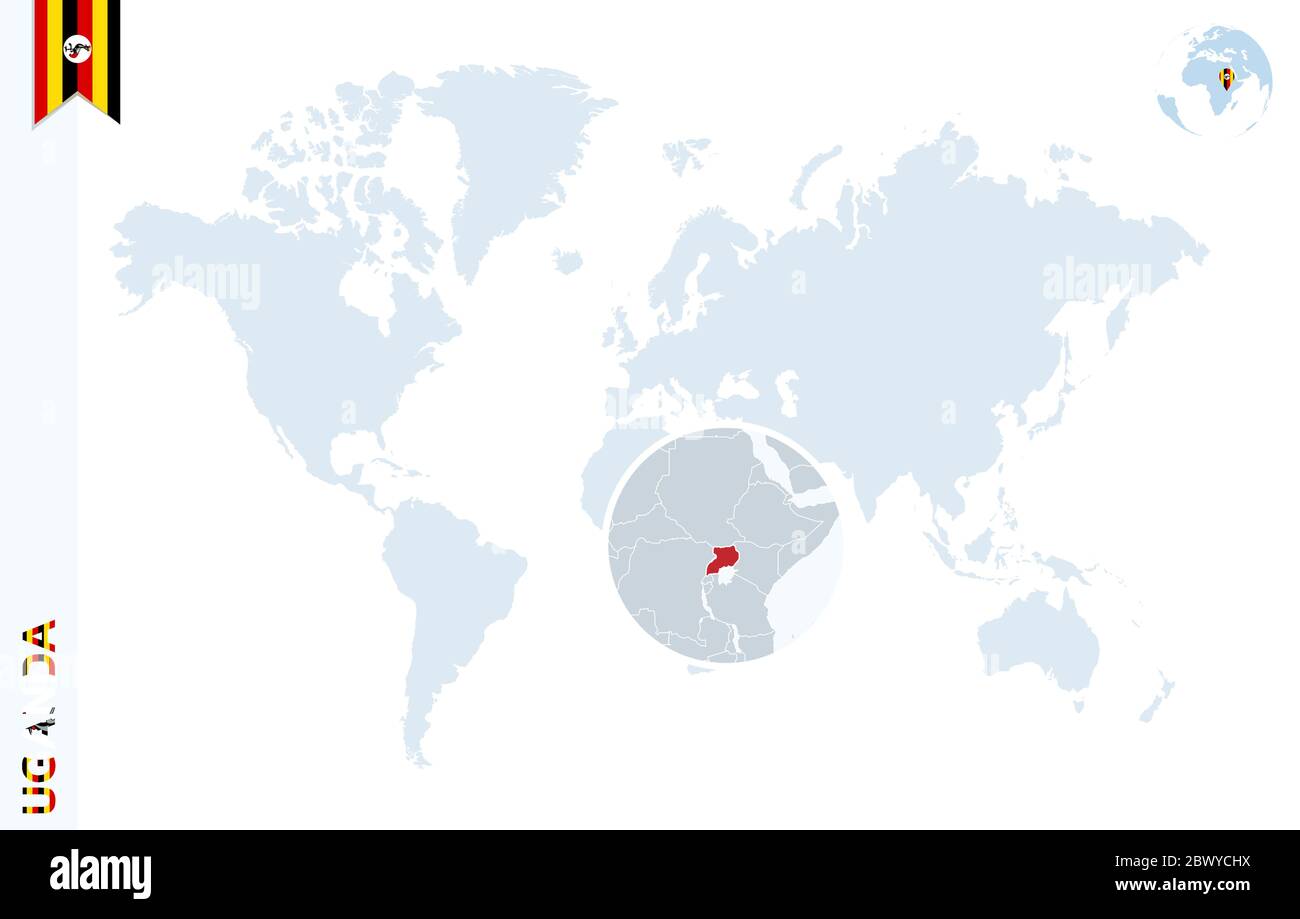 World map with magnifying on Uganda. Blue earth globe with Uganda flag ...