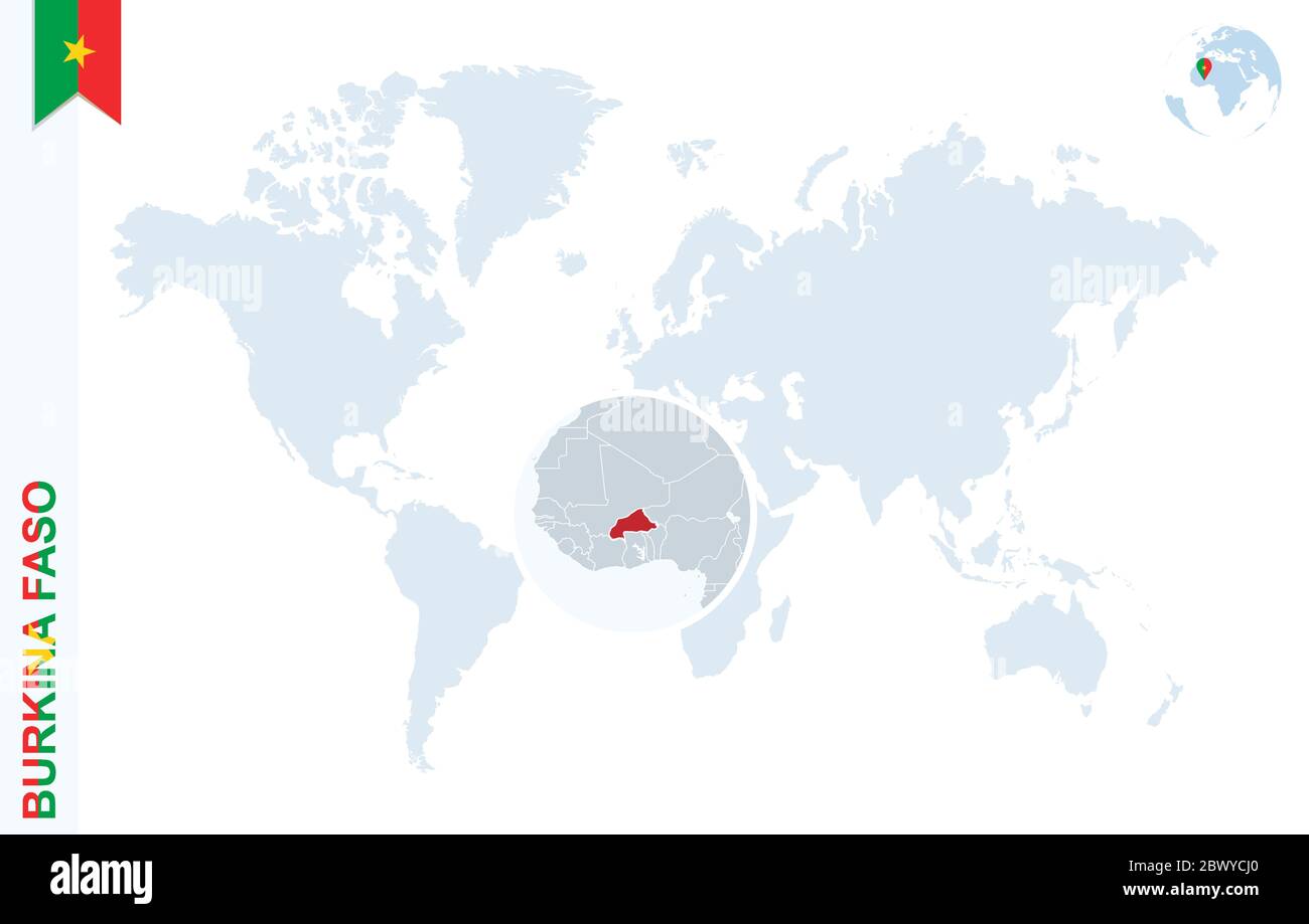 World map with magnifying on Burkina Faso. Blue earth globe with ...