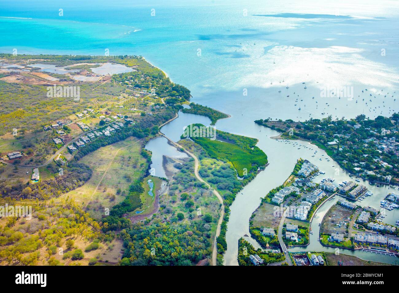 Aerial view of Mauritius island panorama landscape with locak district ...