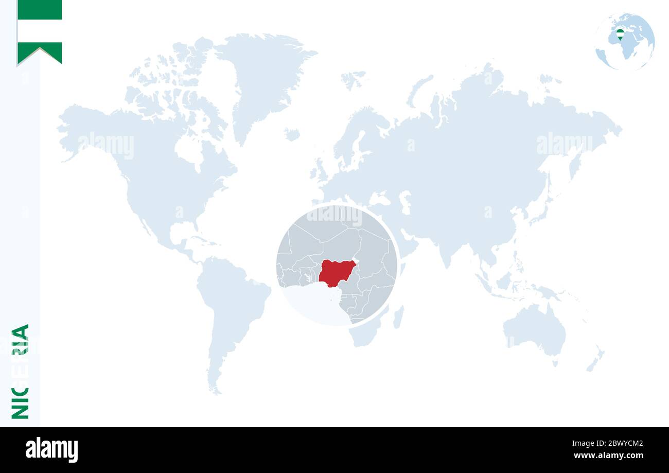 World map with magnifying on Nigeria. Blue earth globe with Nigeria ...