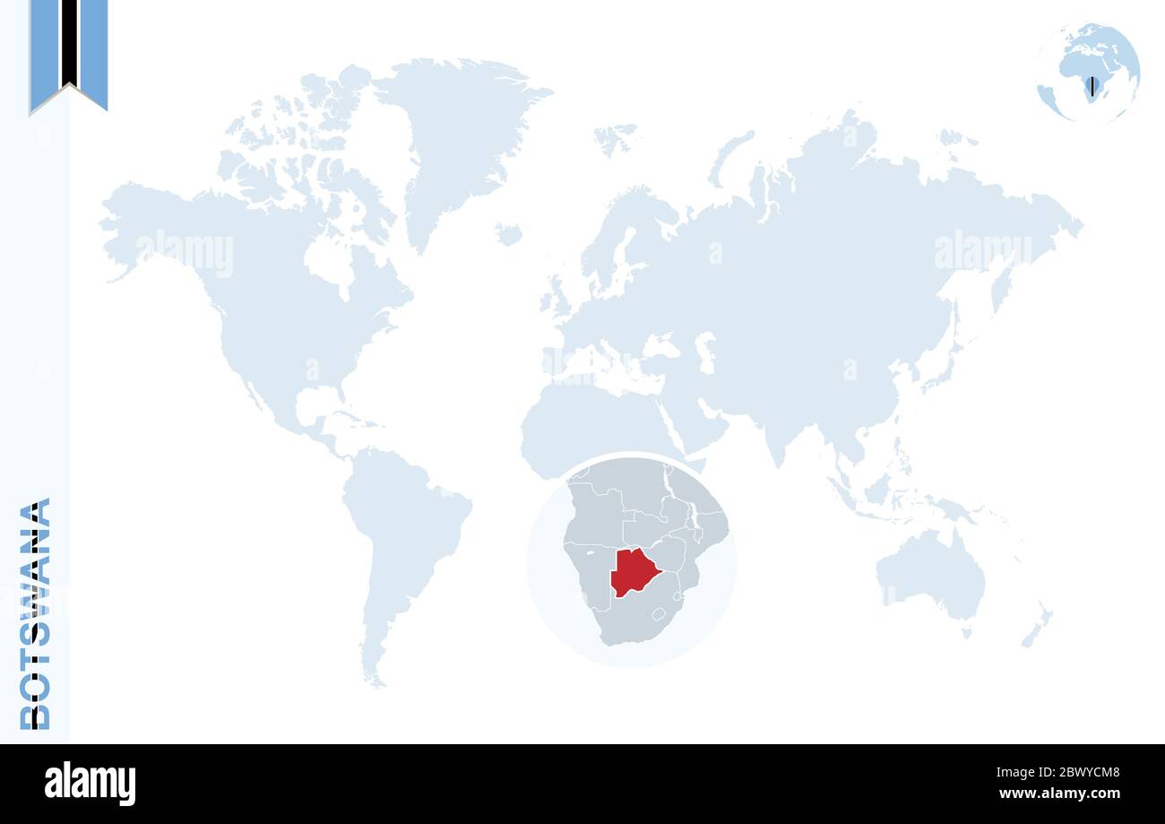 World map with magnifying on Botswana. Blue earth globe with Botswana flag pin. Zoom on Botswana ...