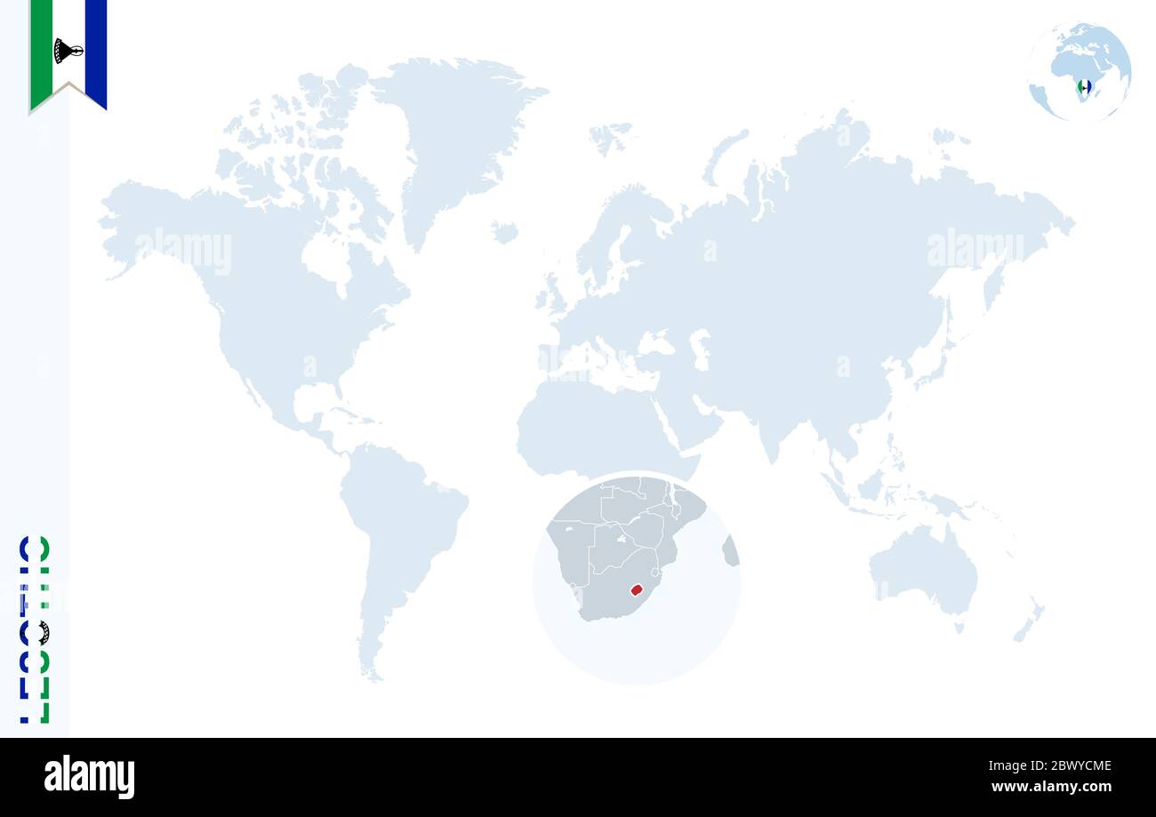 World map with magnifying on Lesotho. Blue earth globe with Lesotho ...