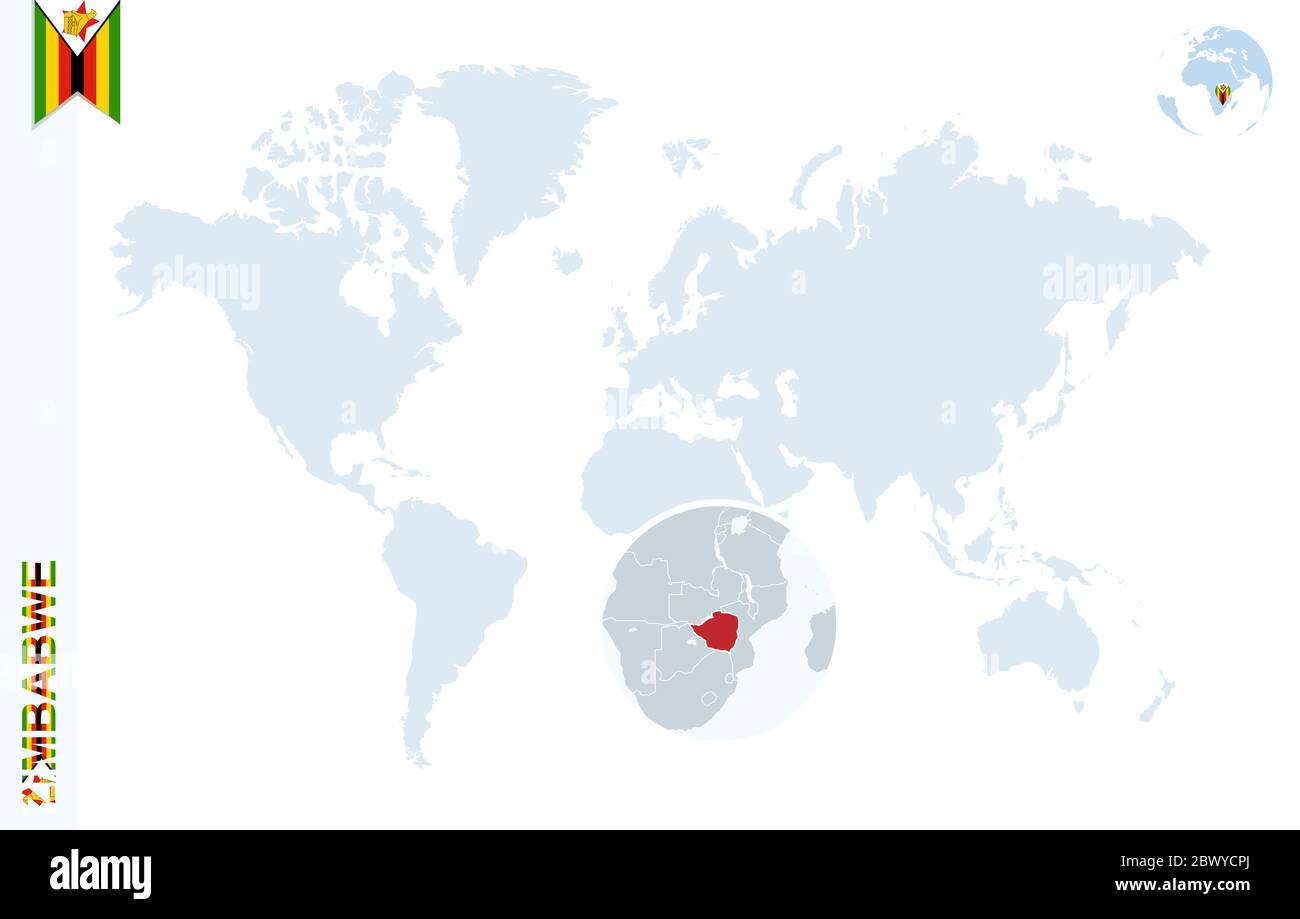 World map with magnifying on Zimbabwe. Blue earth globe with Zimbabwe ...