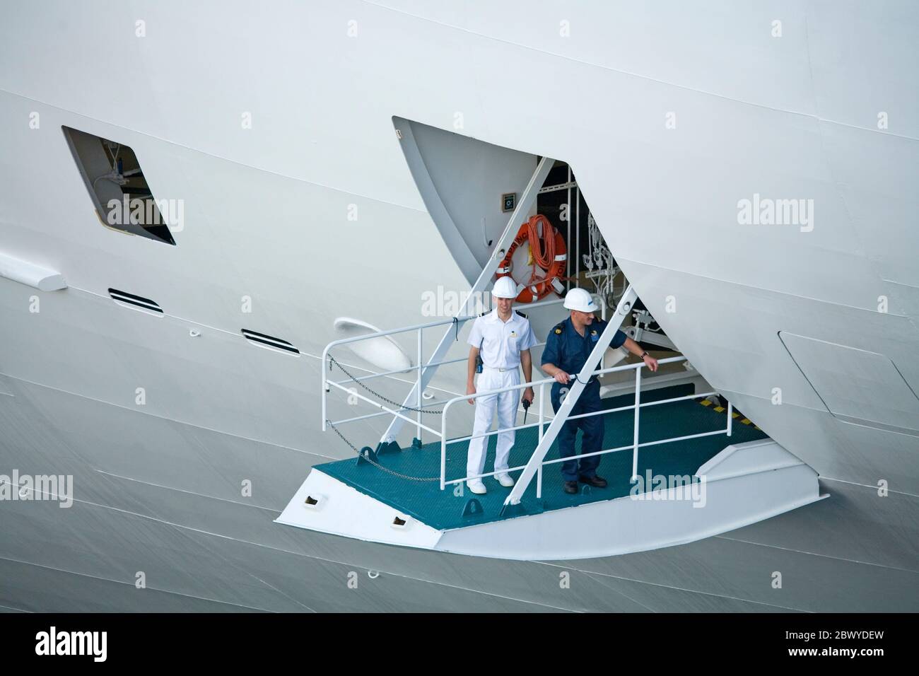 Crew in bow of cruise ship, Port Everglades, Fort Lauderdale, Florida ...