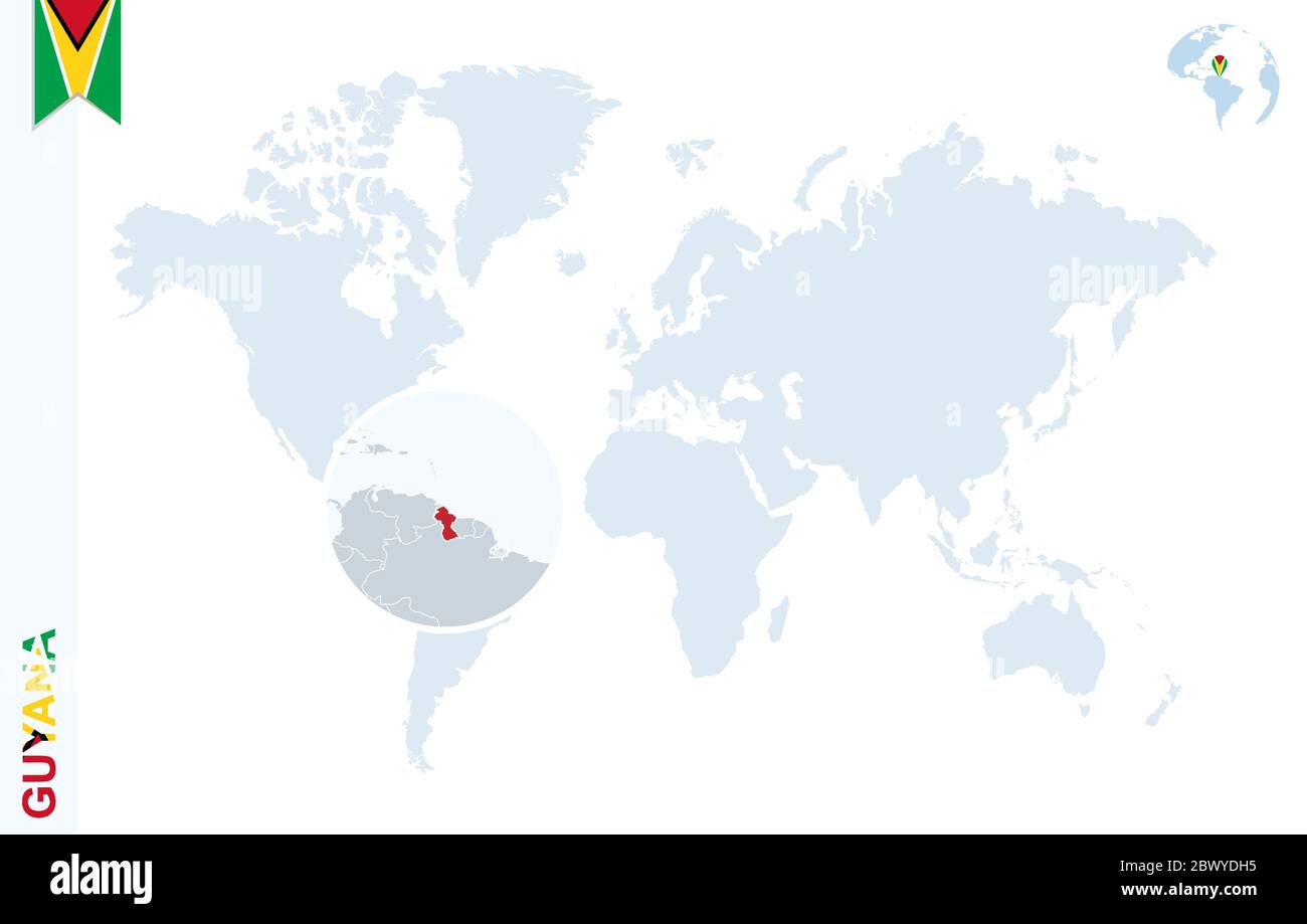 World map with magnifying on Guyana. Blue earth globe with Guyana flag ...